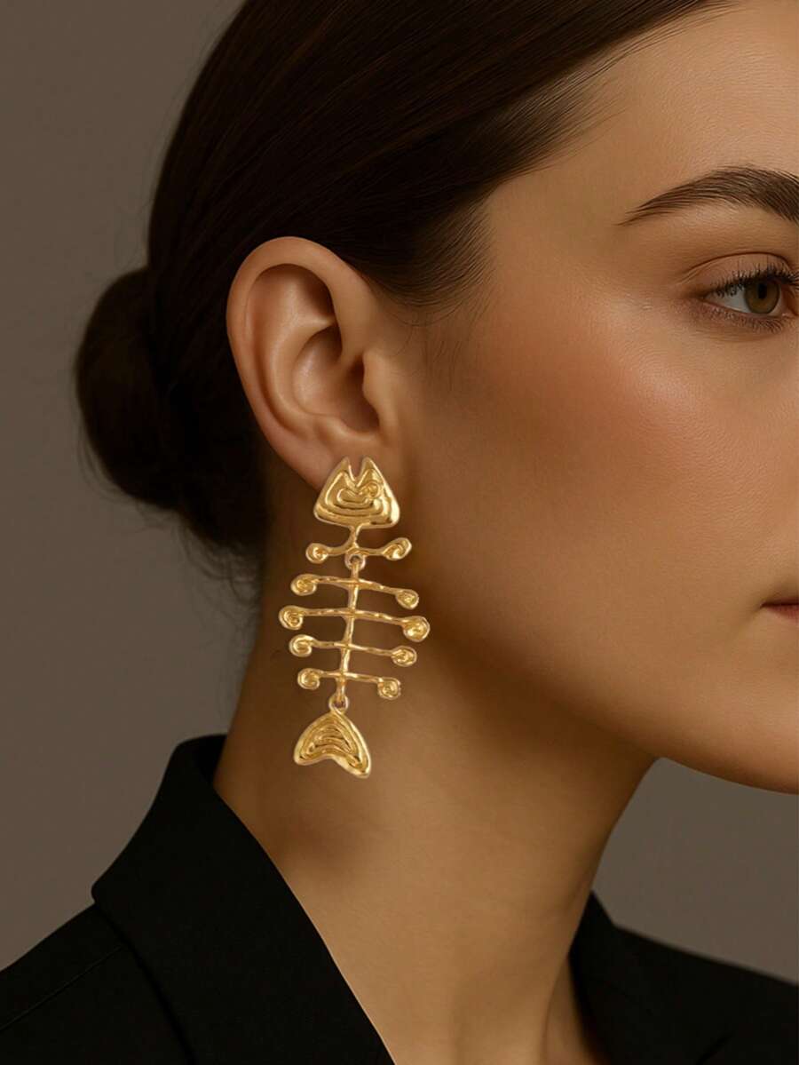1pc Vintage Retro Style Golden Fish Bone Pendant Earrings, Rare Charm ...