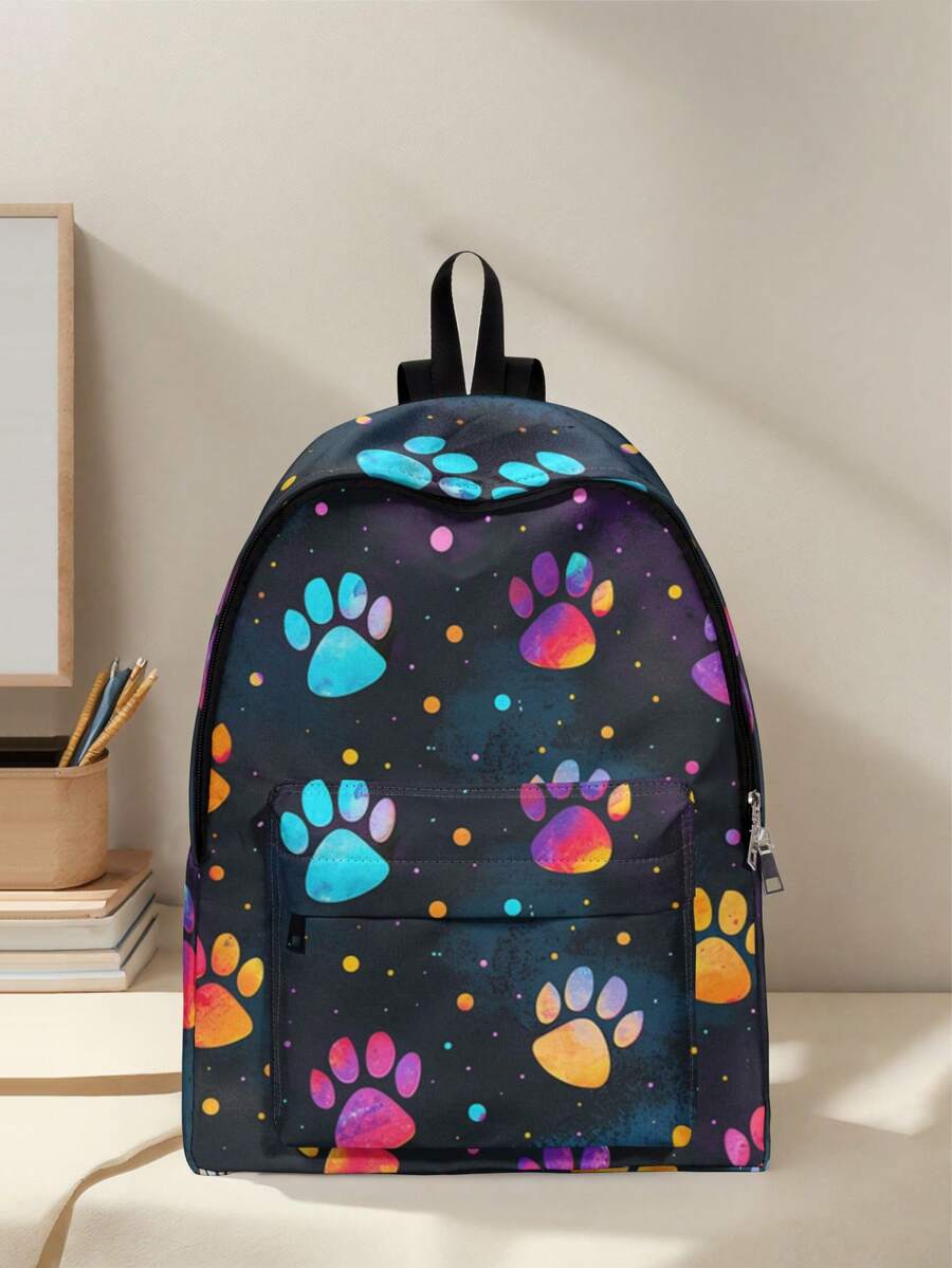 1pc Backpack With Colorful Paw Print Pattern, Zipper Closure, Pockets ...