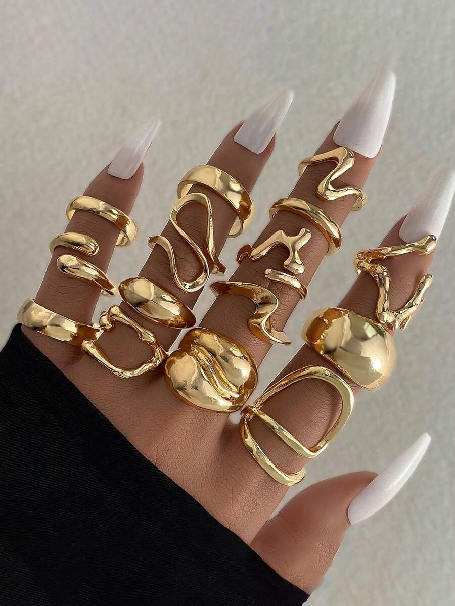 15pcs/Set Geometric Hollow Alloy Rings, Asymmetrical Design, Simple ...