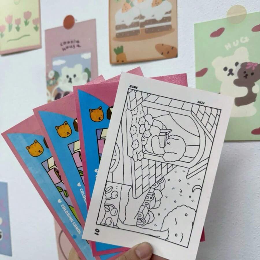 Kit 4 Cards Coloring Card Surprise Drawings To Color Cards Stickers ...