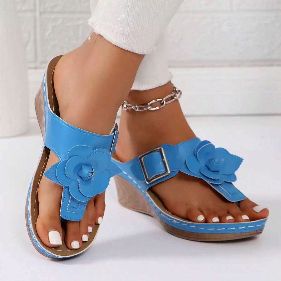 Women Flower& Buckle Decor Sandals, Fashionable Summer White Toe Post Design Wedge Slide Sandals ...