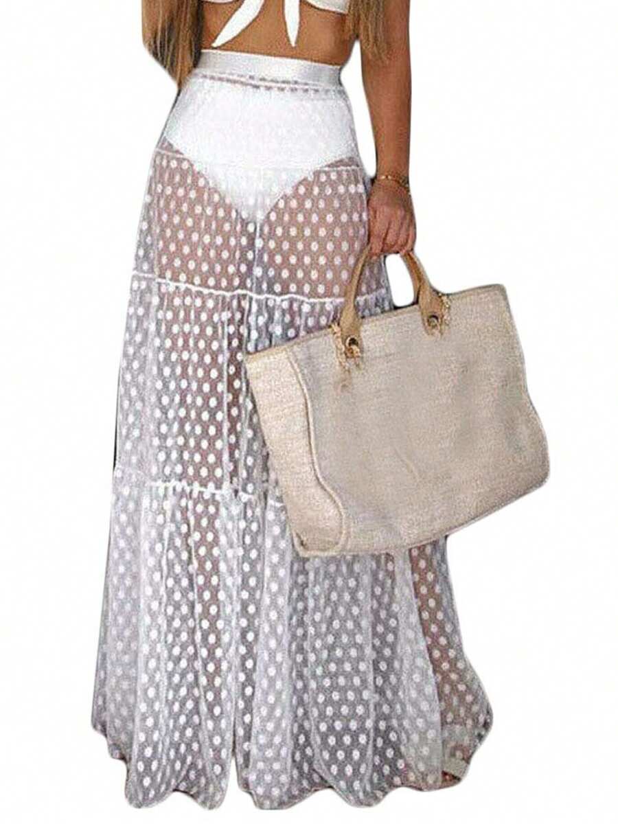 Women's Fashion Polka Dot Splicing See Through Mesh Shee Maxi Skirts Solid Color High Waisted ...