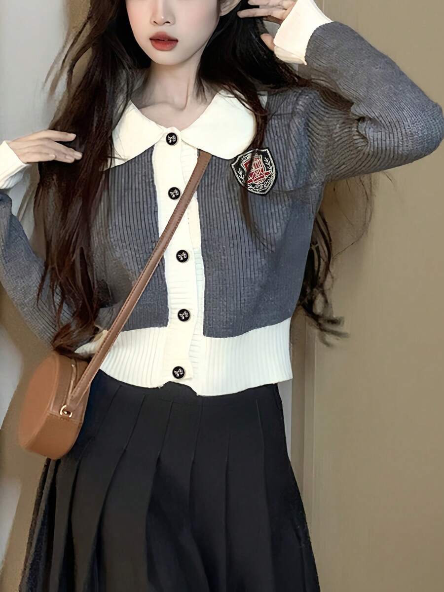 Alicedudu Cardigan elegante da donna con colletto a contrasto di colore ...