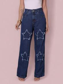 Calça jeans wide leg com formatos de estrelas feminino | SHEIN Brasil