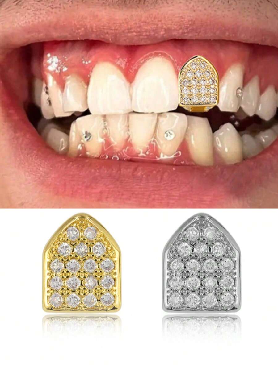 1pc Gold/Silver Micro-Inlaid Zirconia Single Tooth Grill, Hip Hop Side ...