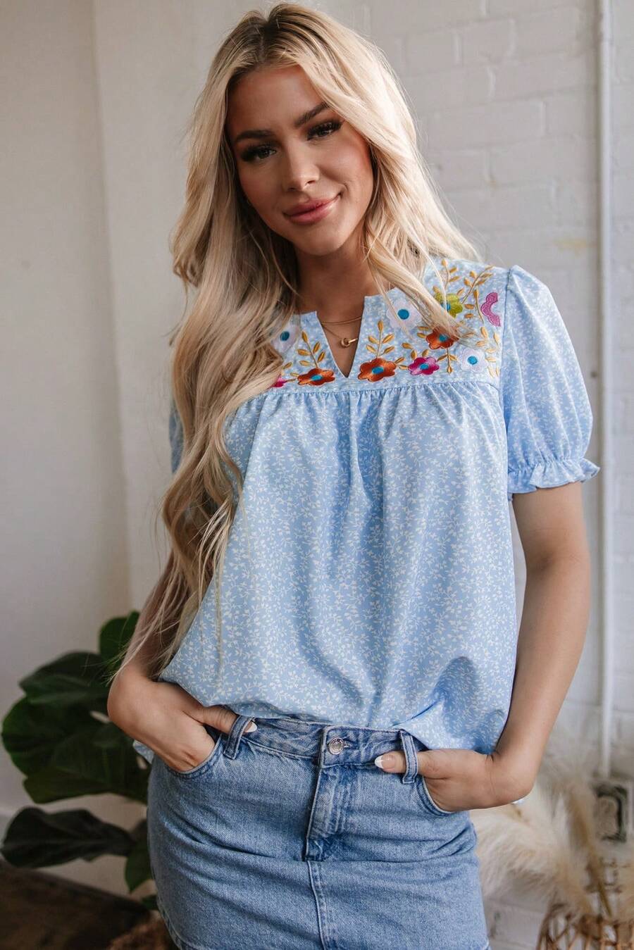 Threaded Pear Kenzie Floral Embroidered Puff Sleeve Blouse | SHEIN USA