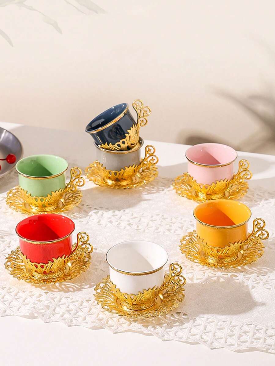 12pcs European Golden Rim Pearl Glazed Electroplated Cups & Saucers Set ...