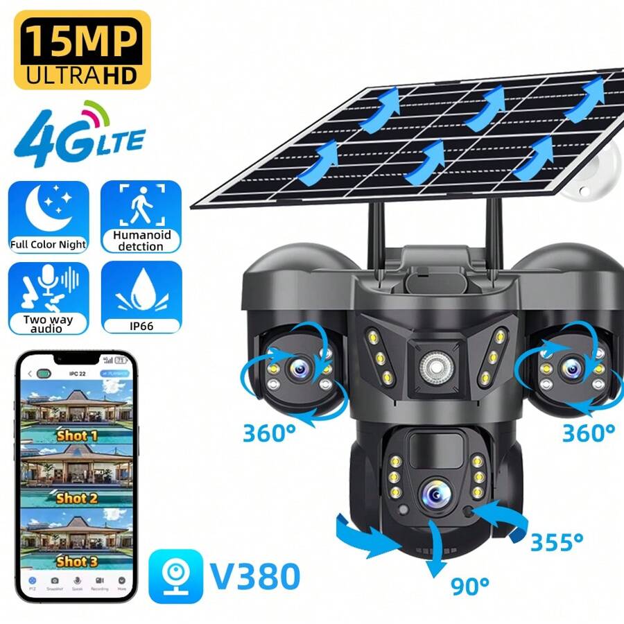 V380 15MP Wifi Solar Camera 4G SIM Card Outdoor Triple Screen IP Camera PIR Night Vision CCTV ...