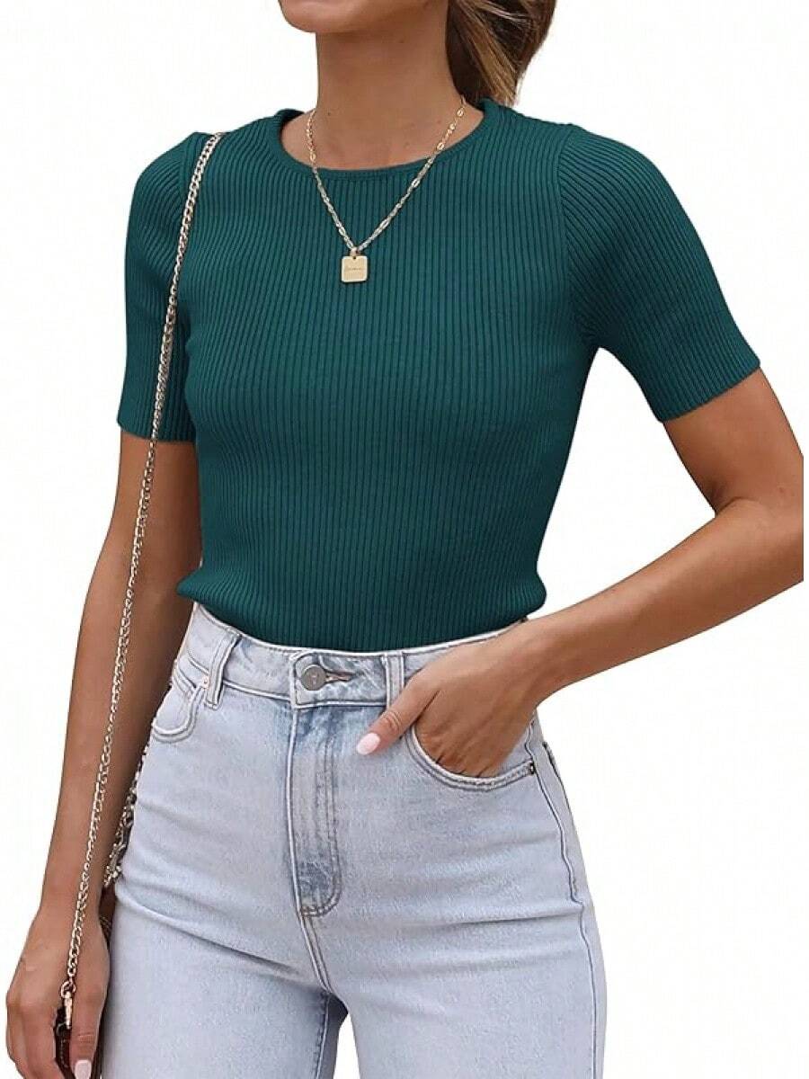 Womens Ribbed Knit Shirt Casual Crewneck Tops Short Sleeve/Long Sleeve ...