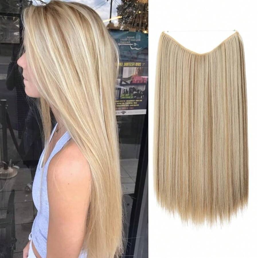 Invisible Wire Hair Extensions Straight Long Synthetic Hairpieces 22 ...