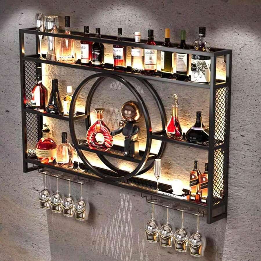 X3 47in Wine Rack With LED Lighting Wall Mounted Glass Holder, 3-Tiers ...