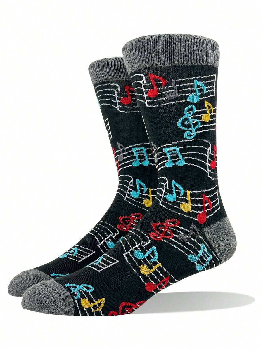 1 Pair Musical Note Pattern Mid-Calf Socks, Music-Themed Creative ...