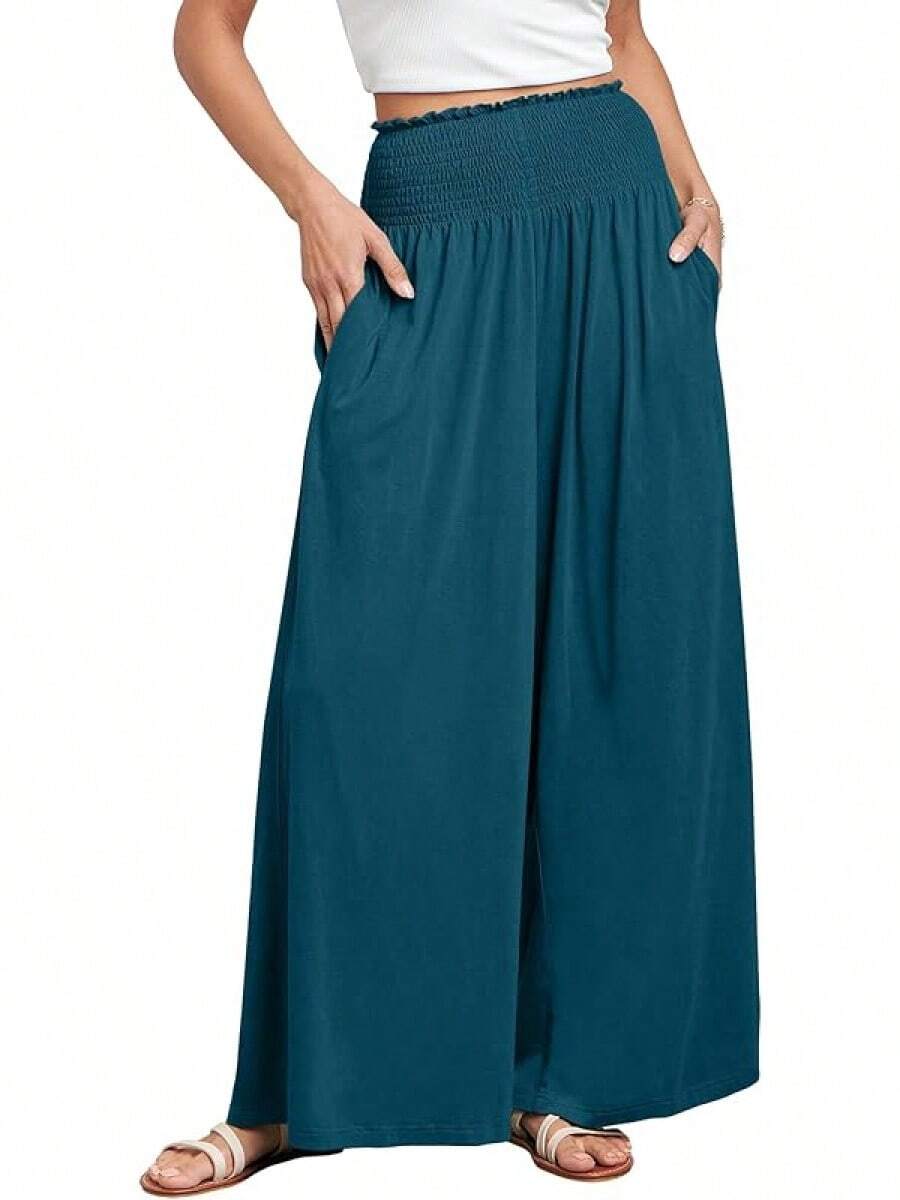 Women Palazzo Pants Summer Boho Wide Leg High Smocked Waist Casual ...