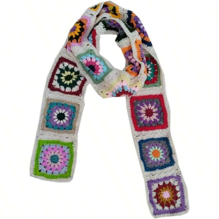 Women Granny Square Warp Cable 100 Handmade Knit Mixed Color Long Scarf ...