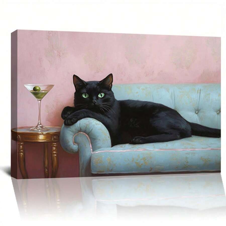 Framed Black Cat Martini Art Print, Whimsical Cocktail Wall Art, Quirky ...