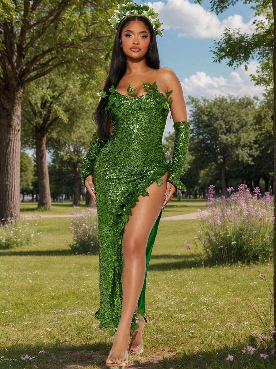 Women Halloween Sequin Green Poison Ivy Cosplay Costume Sleeveless Fake ...