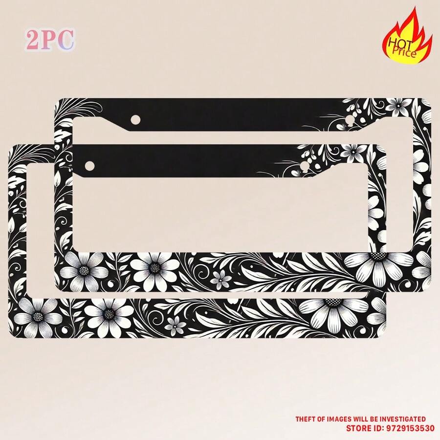 2PC Black And White Daisies License Plate Frame Flower Art License ...