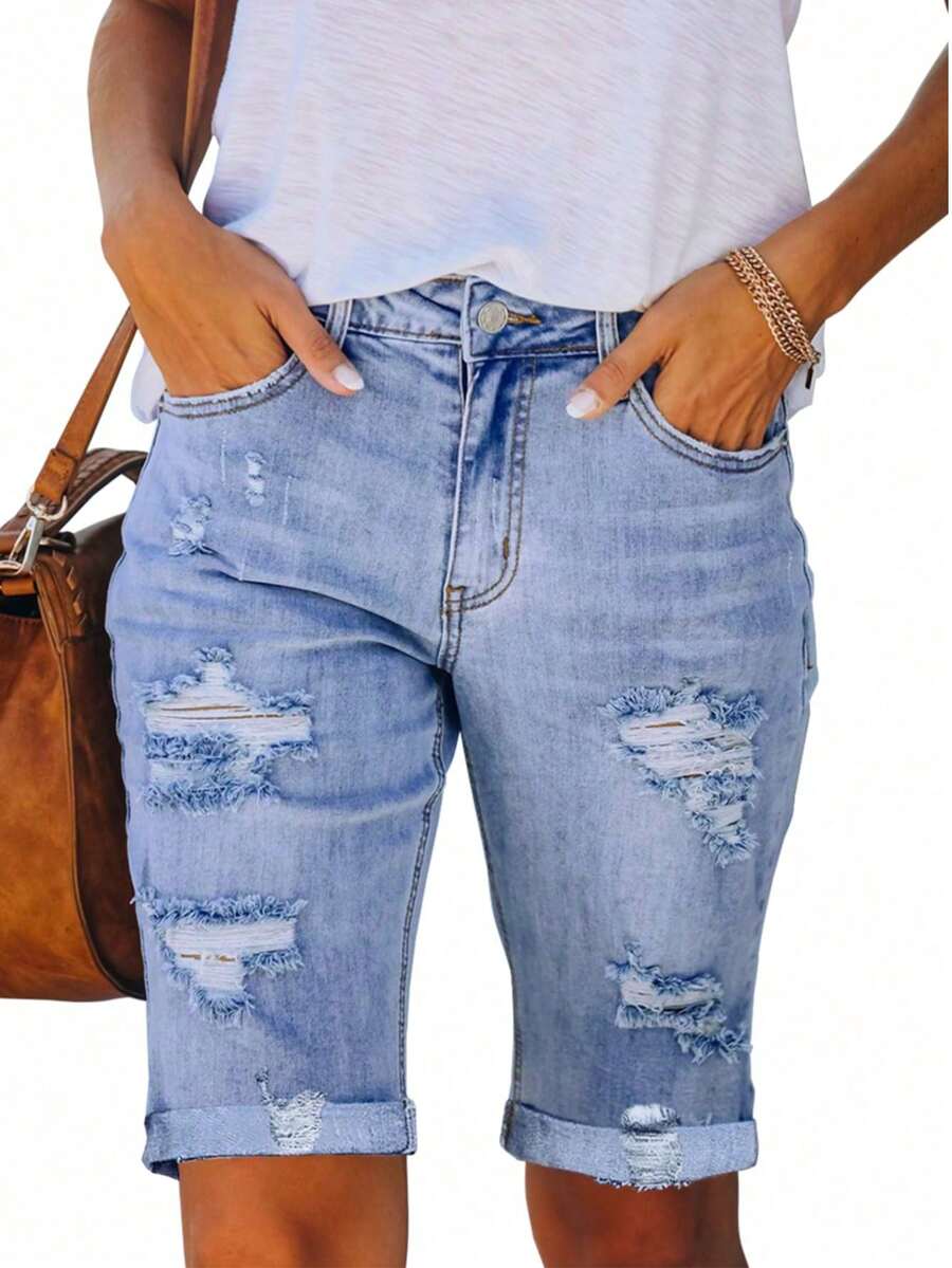 Necooer Women Jean Shorts Ripped Casual Summer Mid Waist Stretchy Five ...