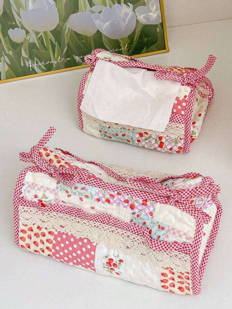 1Pc Pretty Red Cherry Patch Frill Crochet Lace Quilted Tissue Box Cover ...