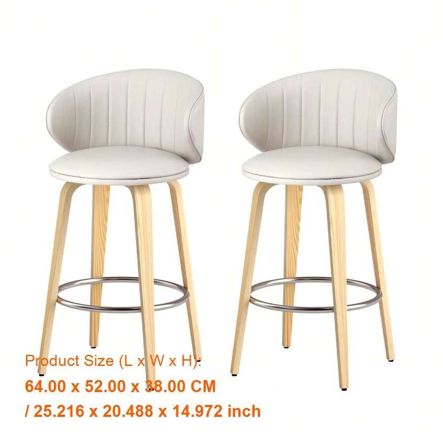 Set Of 2 Contemporary Leather Bar Stools With Wooden Legs - Ergonomic ...