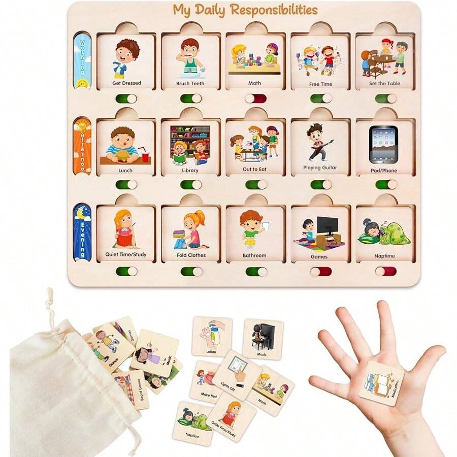 Wooden Visual Schedule For Kids Chore Chart, Morning Bedtime Daily Routine Chart For Toddlers ...