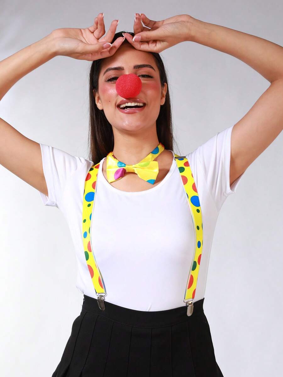 3pcs Colorful Polka Dot Clown Costume Set - Tie + Nose + Suspenders ...