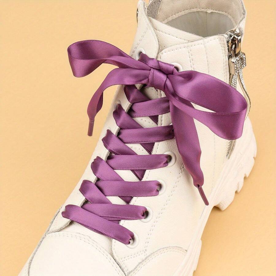 1 Pair Dual-Sided Glossy Satin Shoelaces - Black & White Wide Flat ...