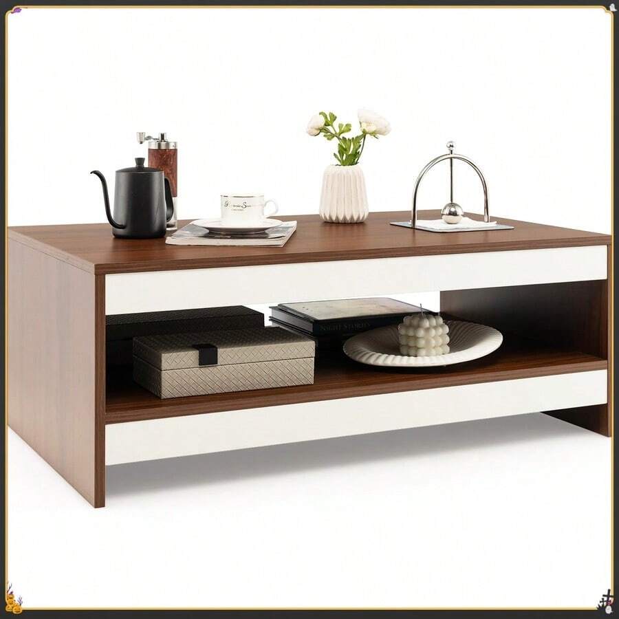 Coffee Table Wood 2-Tier Rectangular Coffee Table W/Storage Shelf Living Room | SHEIN USA
