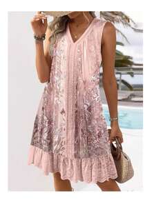 Cut & Sew Floral Boho Ruffle Hem Backless Contrast Lace Beach Summer ...