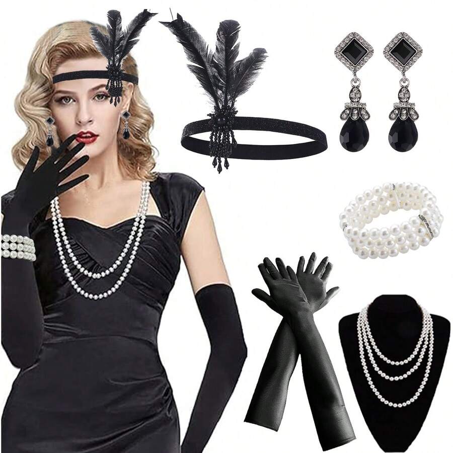 7pcs 1920s Women's Elegant Glamorous Vintage Accessory Set - Feather ...