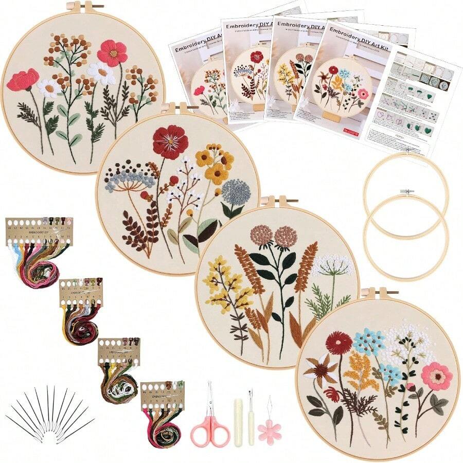 Flower Embroidery Kit For Beginners With Pattern And Instructions4 Pack ...