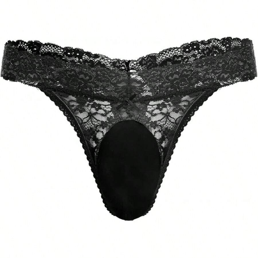 IBAKOM Men's Lace Frilly Thong Panties Sheer Mesh Bikini Briefs-Back G ...