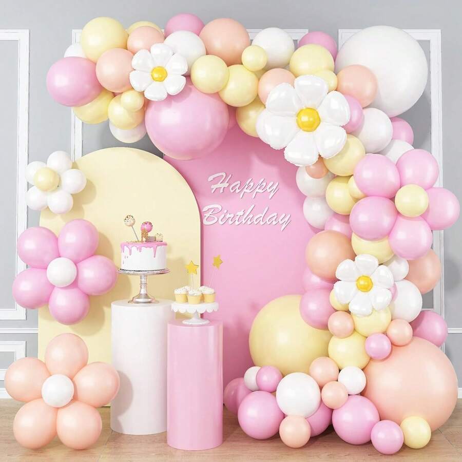 137pcs Daisy Flower Balloon Garland Arch Kit Groovy Flower Foil Balloons Boho Pastel Pink Yellow ...