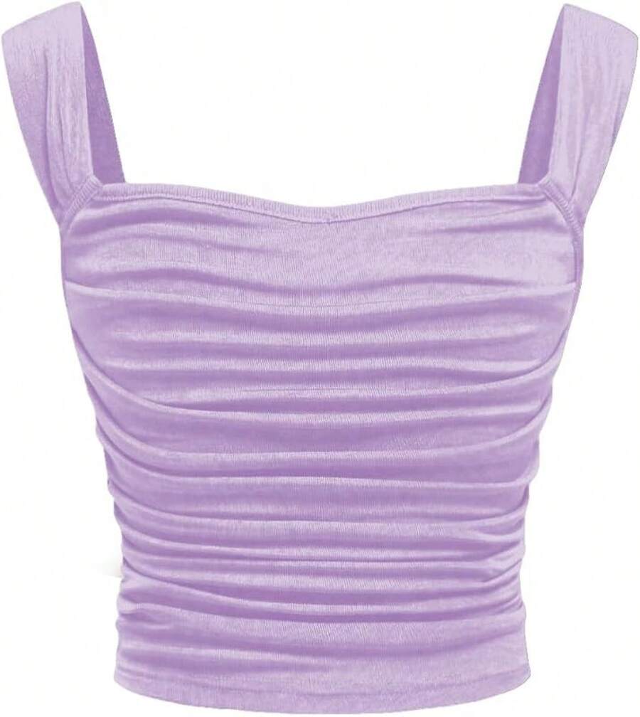 Girl's Sleeveless Square Neck Wide Straps Ruched Tank Top Solid Slim ...