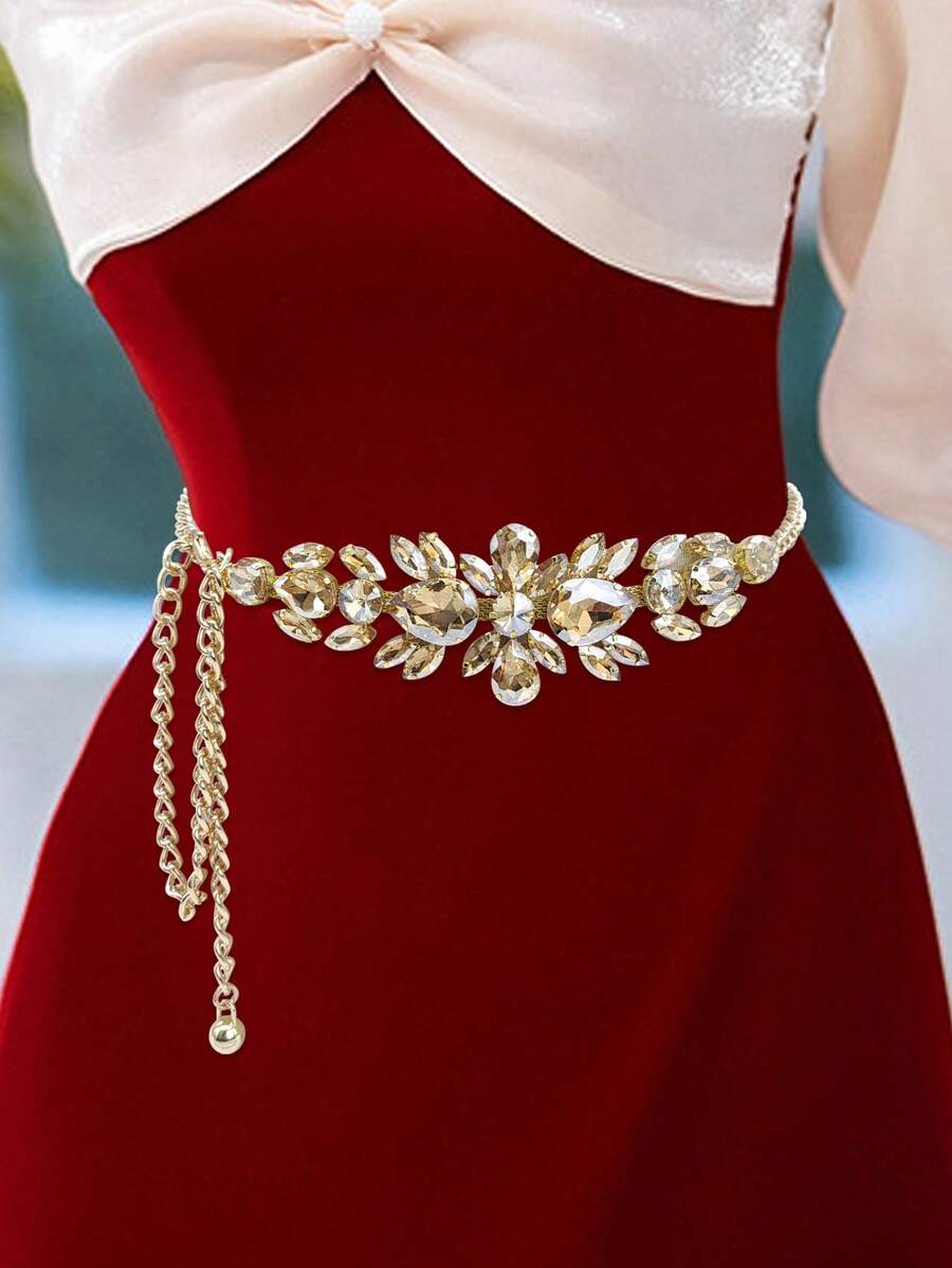 1pc Women's Rhinestone Inlaid Chain Belt, Elegant Gold Color Waist ...