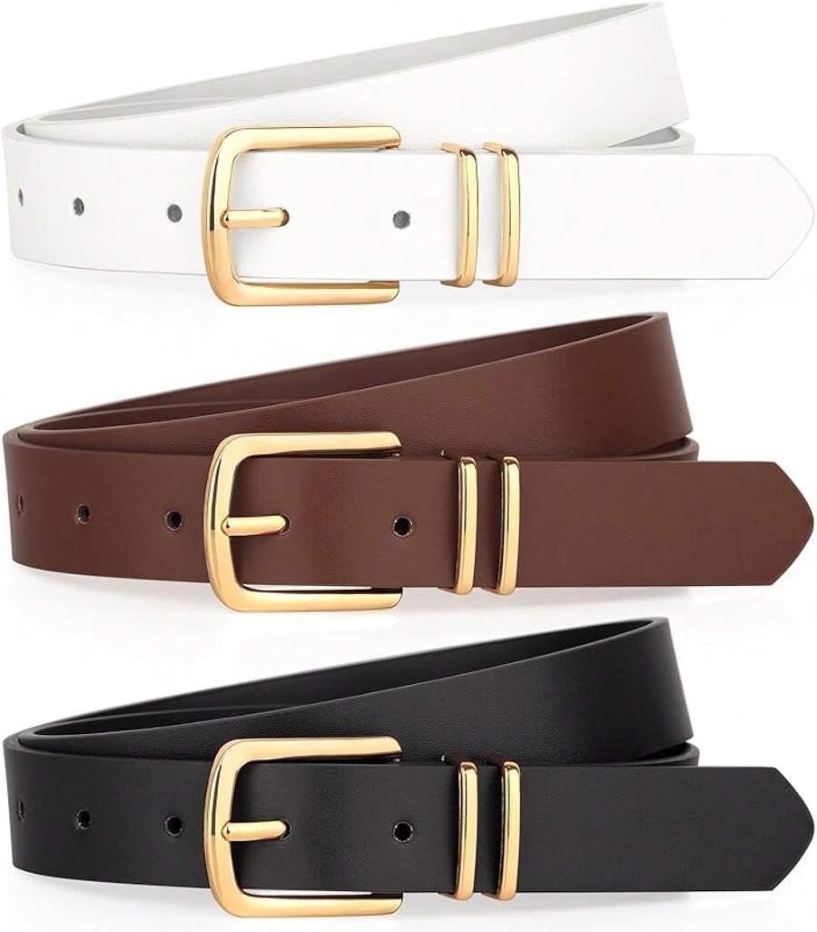 Pack 3 Womens Belts Jeans Pants, Ladies Girls Leather Belts With Gold ...