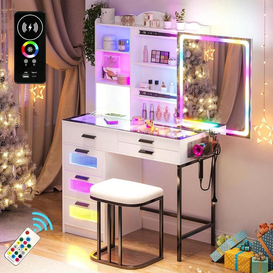 RGB Vanity Desk With Sliding Mirror And Lights, LED Makeup Vanity With ...