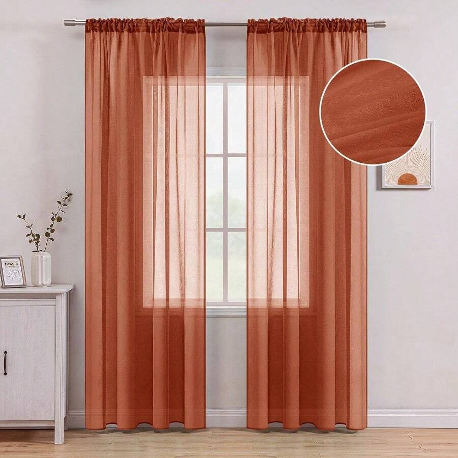 LAN-CZTerracotta Linen Textured Sheer Curtains 2 Panels For Bedroom ...