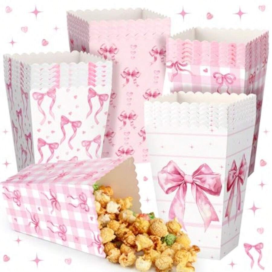 24 Pcs Pink Bow Popcorn Boxes Paper Kraft Coquette Bowknot Popcorn ...