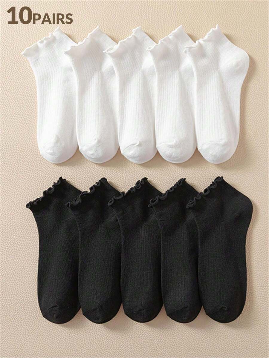 10 Pairs Women Ankle Socks Solid Black And White Color With Ruffle Edge ...
