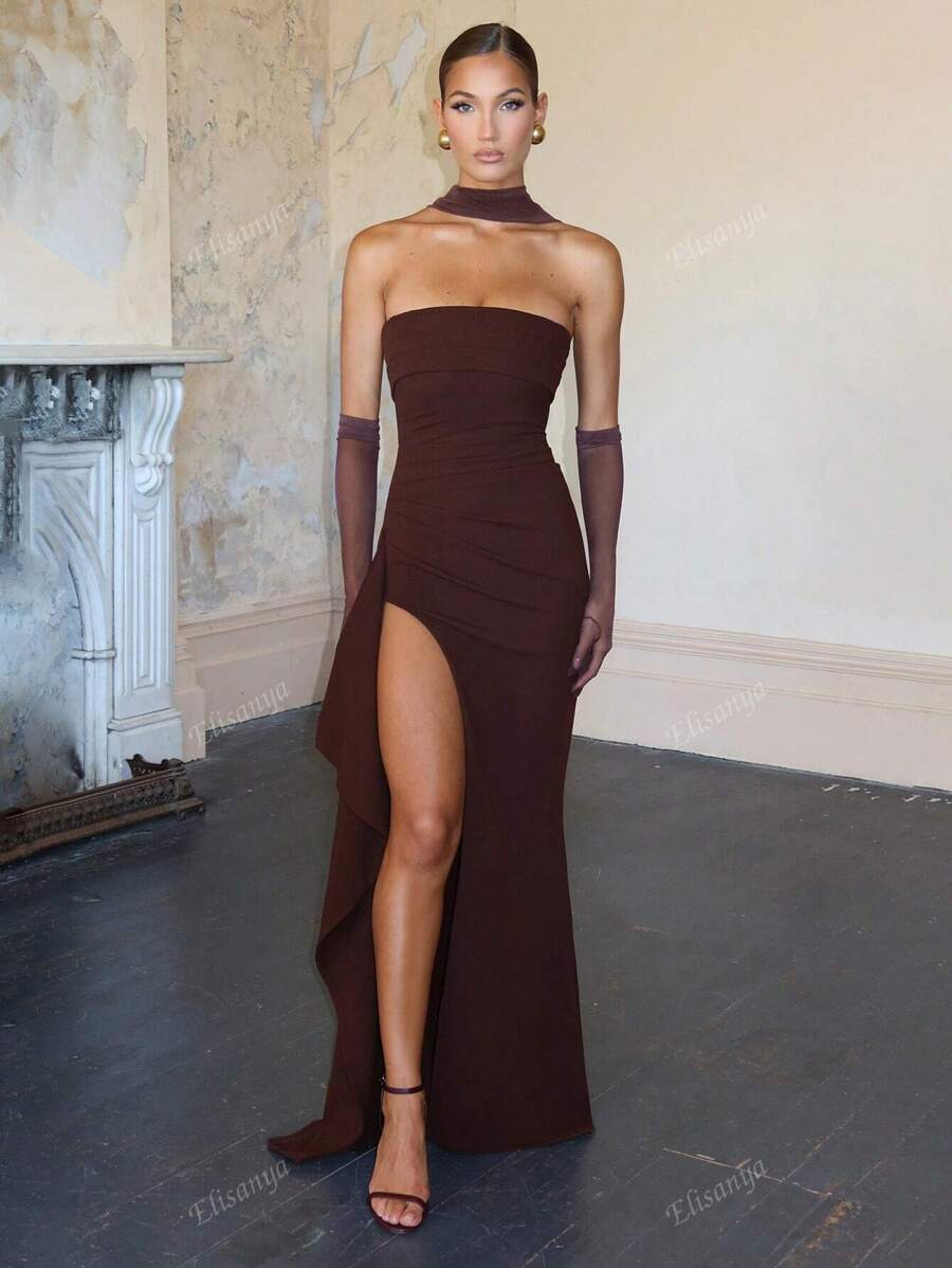 Backless Strapless Bodycon Slit Dress With Sash | SHEIN USA