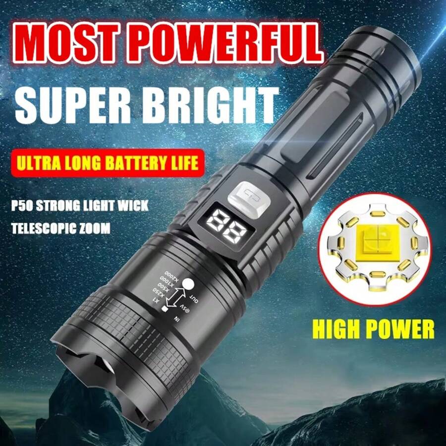 High Power Long Range LED Flashlight Tactical Light LCD Power Display ...