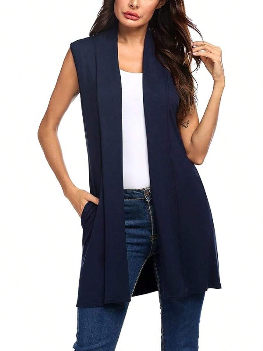 Womens Long Vests Sleeveless Draped Lightweight Open Front Cardigan ...