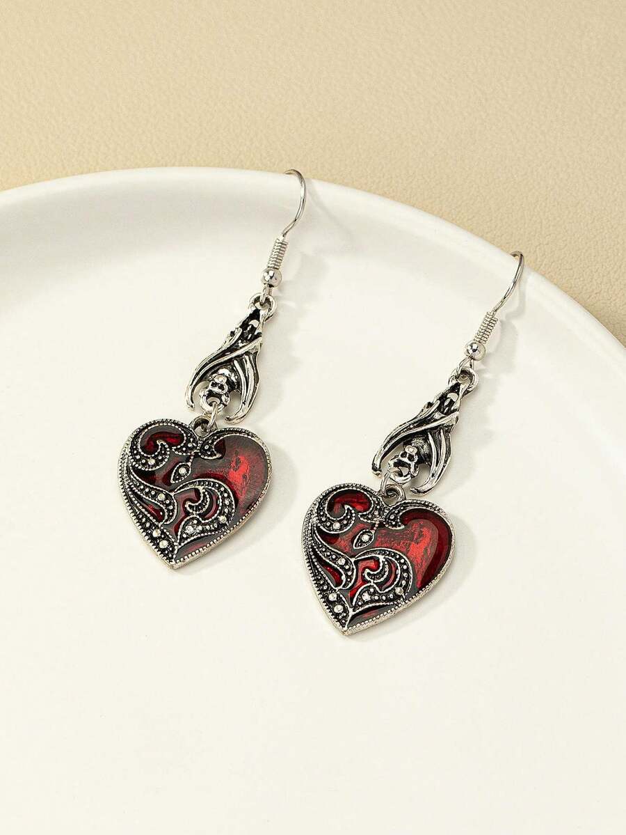 1 Pair Gothic Style Red Heart Bat Vintage Personalized Fashion ...