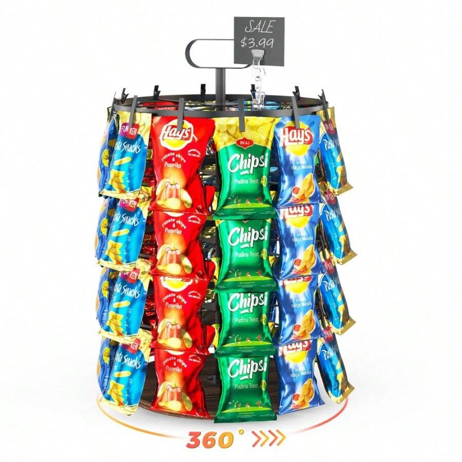 4 Tier Chip Rack Display Stand With 48 Clips Rotating Chip Bag Holder ...