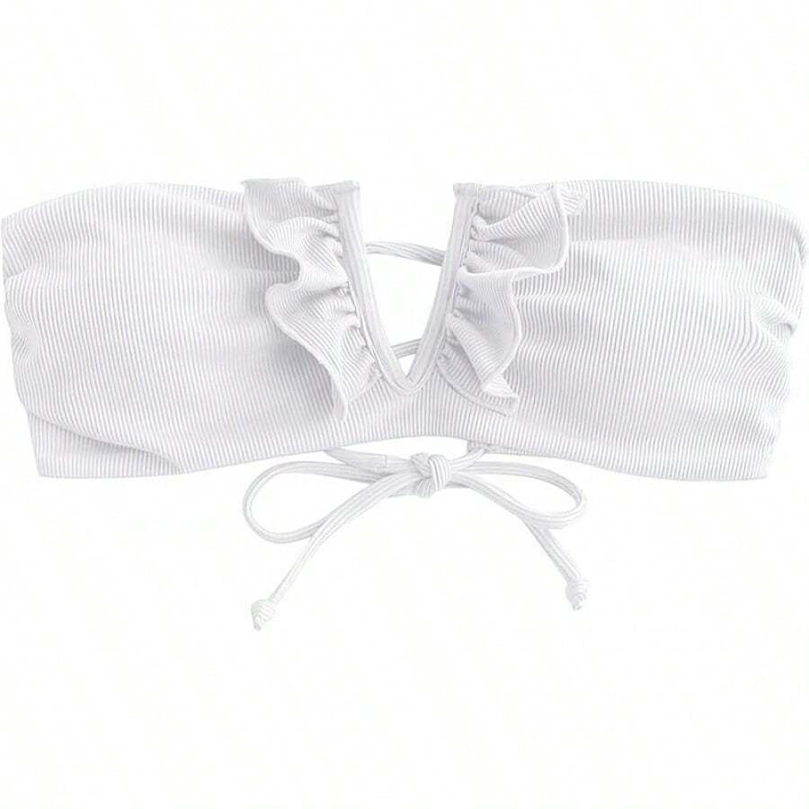 Women's Strapless Bandeau Bikini Top Ribbed V Wired Lace Ruffle Tie ...