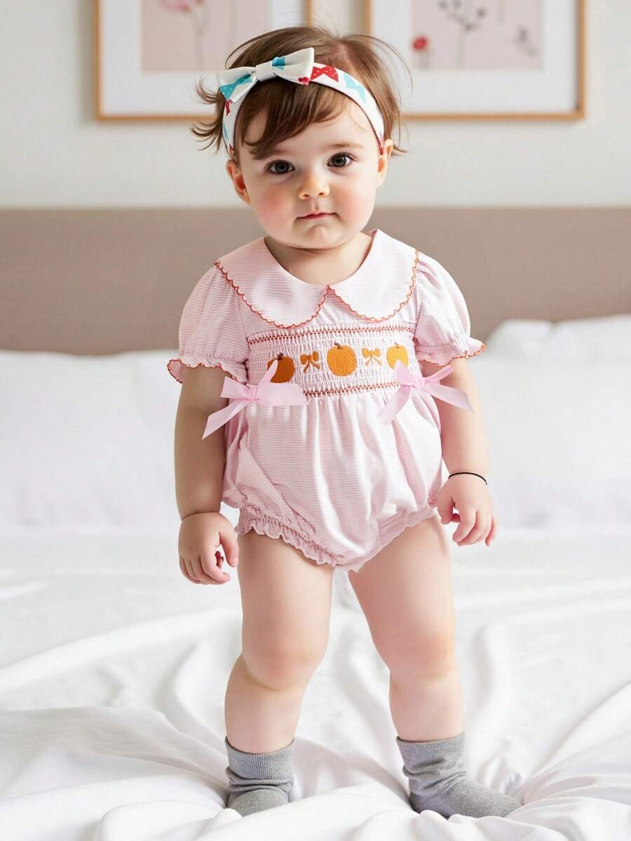 Newborn Baby Girl Halloween Clothes Pumpkin Embroidery Romper Bows Striped Short Sleeve Bodysuit ...