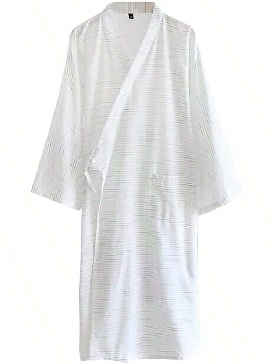 Men Summer Kimono Bathrobe Long Cotton Yukata Woven Striped Loungewear Mens Bathrobe Sleepwear ...