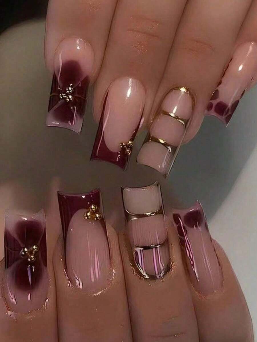 Elevate Your Style With, 24Pcs/Set Long Coffin Flower Nails Design ...