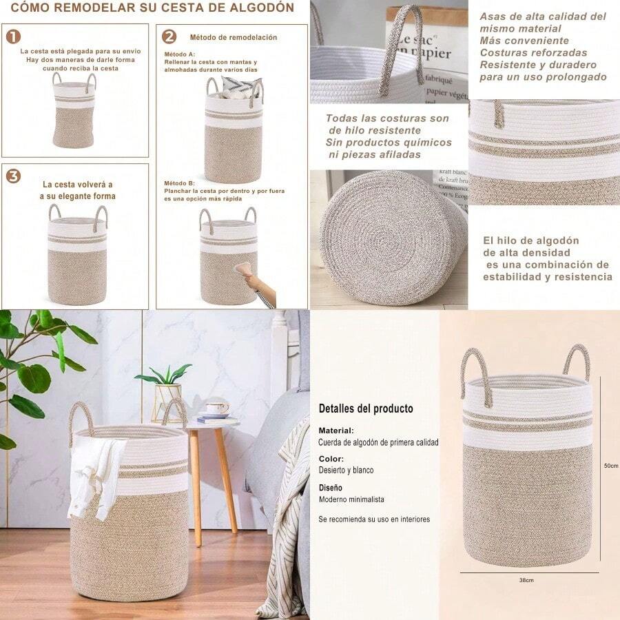 Cesta de lavanderia de cuerda tejida con asas multiusos juguetero ...